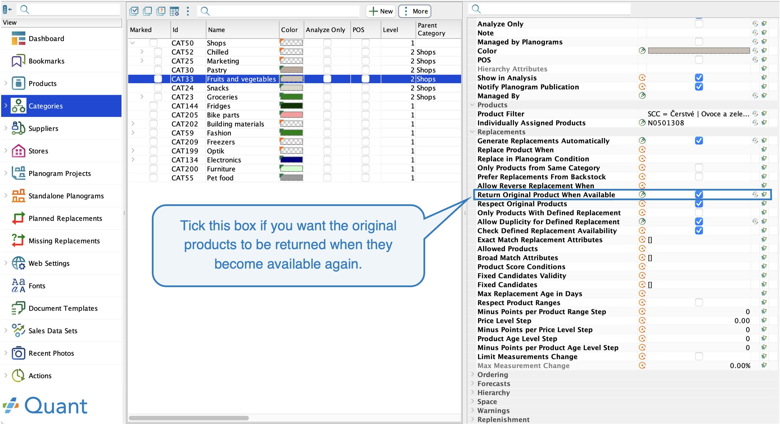 Automatic Replacements - Category Settings | Manual | Quant ...